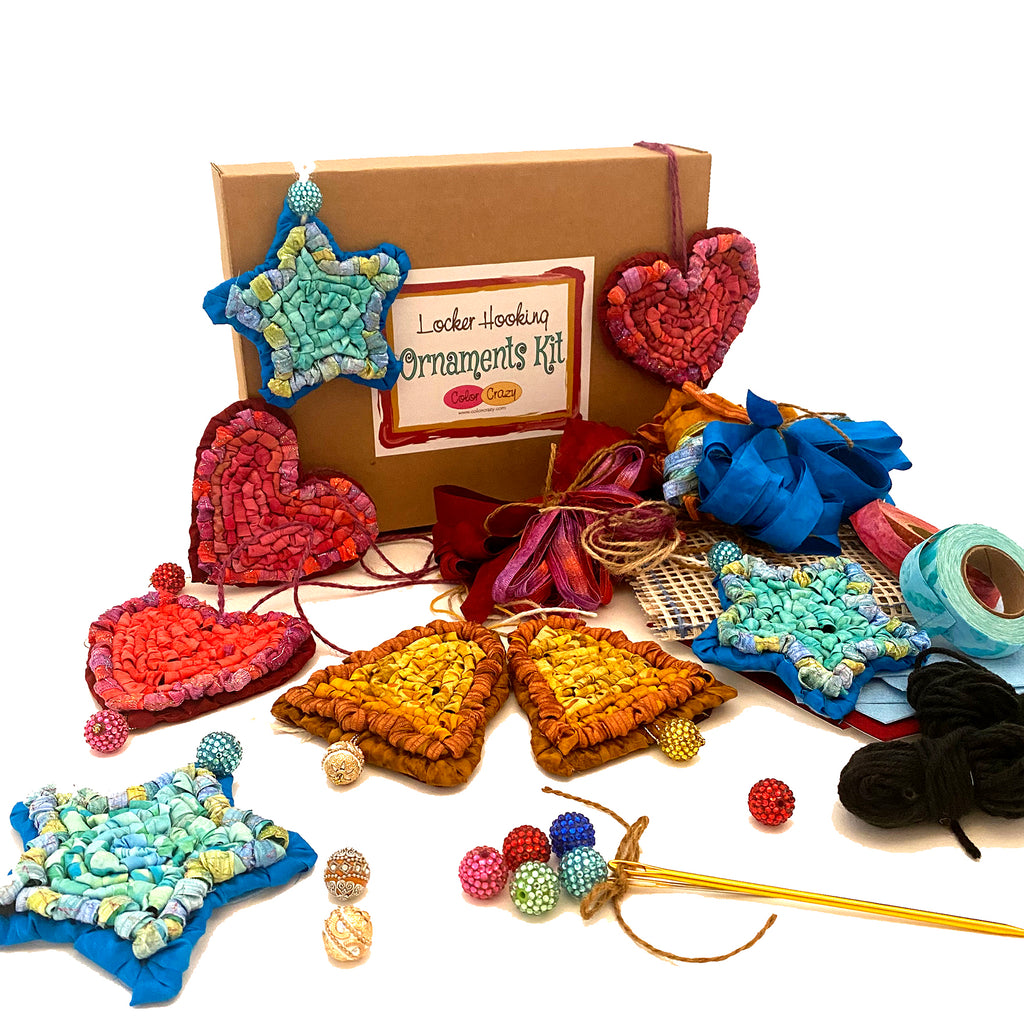 Holiday Ornaments Locker Hooking Kit - Hearts, Stars, Bells - Color Crazy